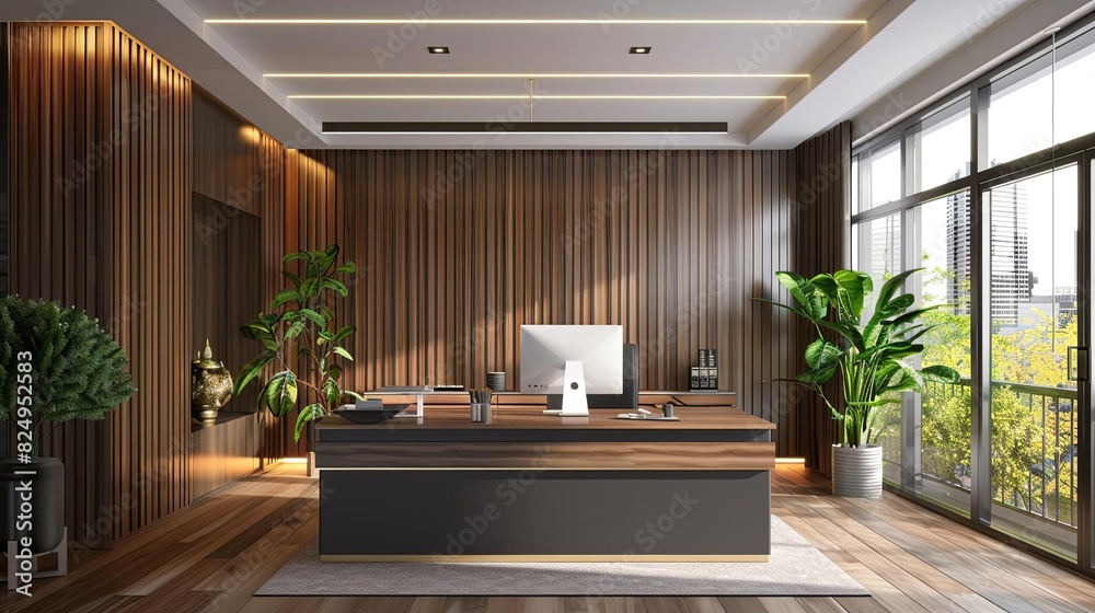 ceo office interior with desk window computer and mock up wall 3d ...
