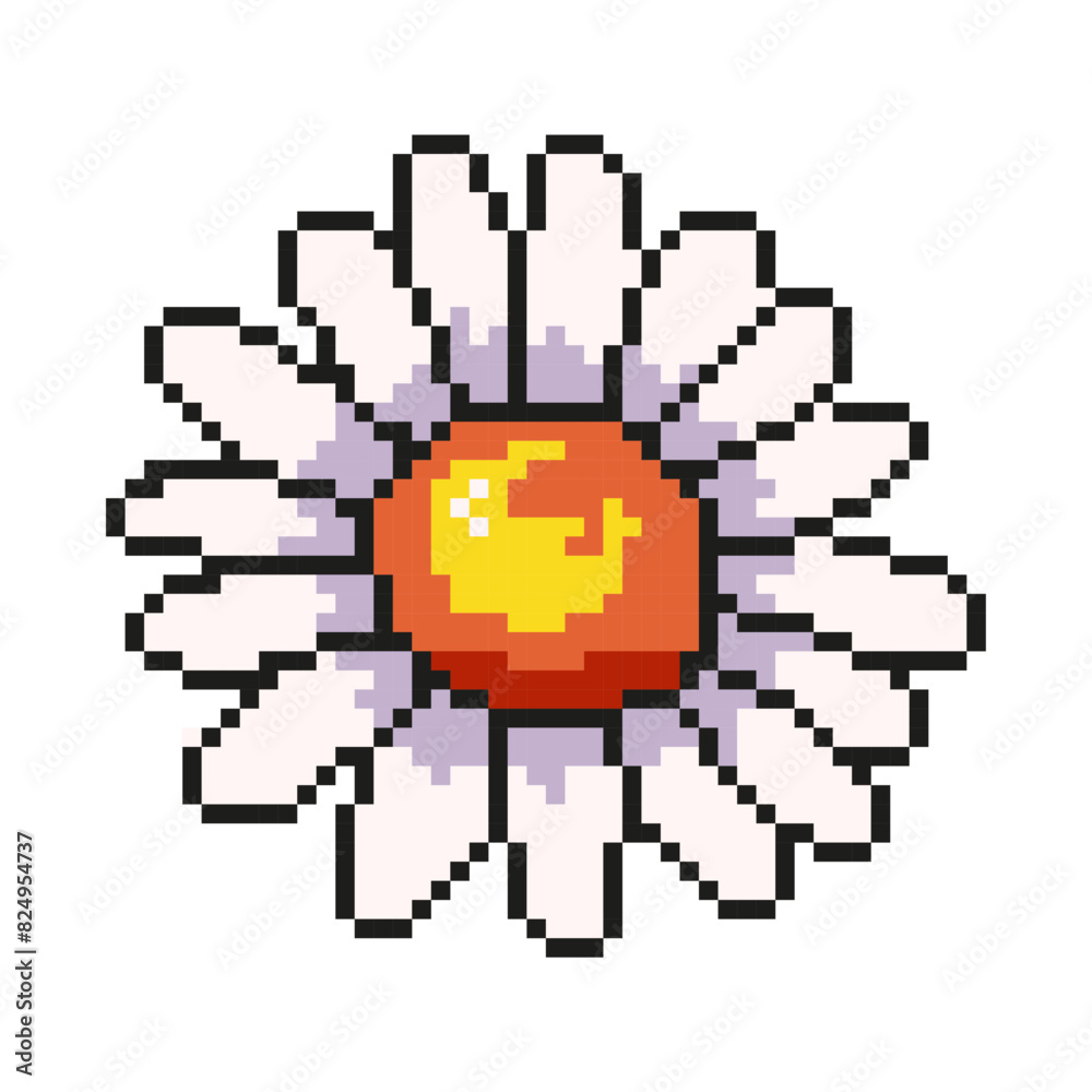 The daisy flower icon in pixel art. The style of a digital vintage game ...