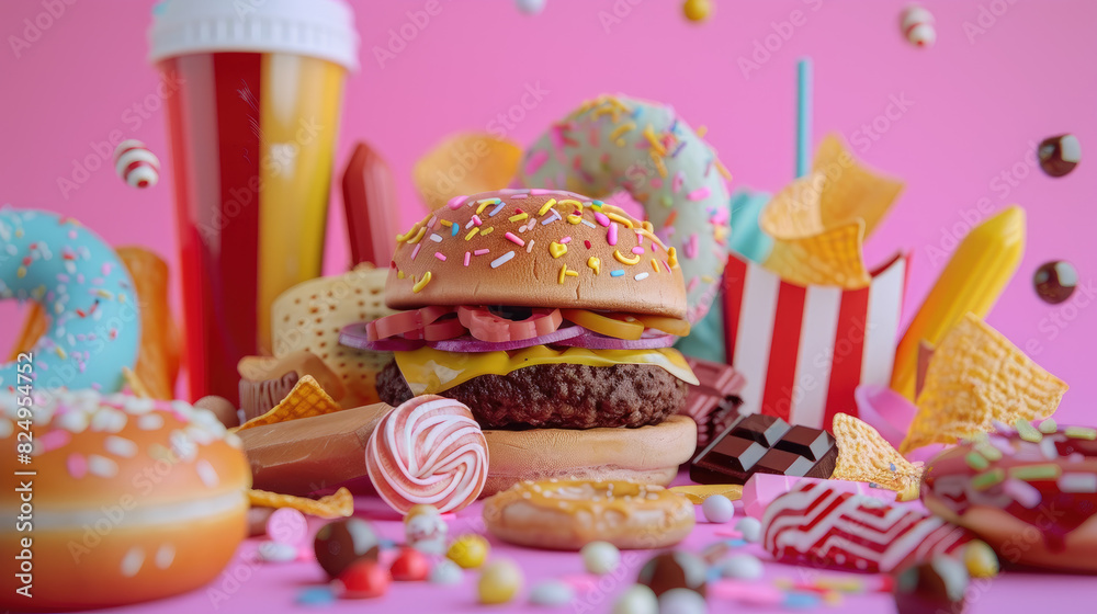 Junk food concept. Unhealthy food background. Fast food and sugar ...