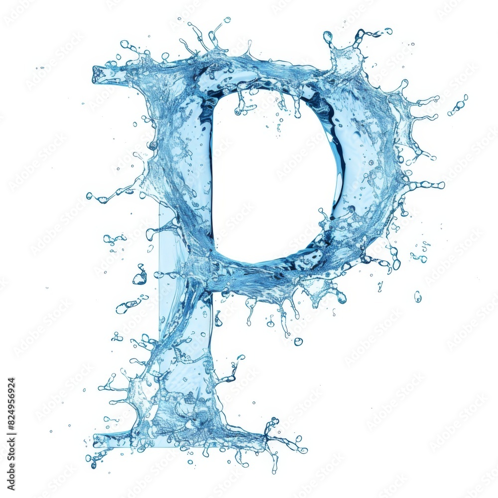 Latin letter P, texture of water, ice and splashes on white background ...