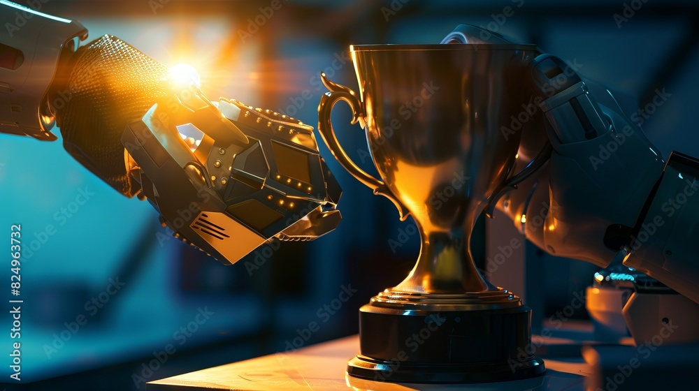 Hand polishing a gold trophy under bright light Side view Highlights ...