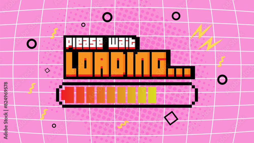 Pixel art 8-bit please wait loading bar concept on pink background ...
