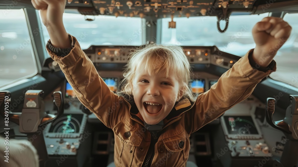 excited kid dreaming of being an airplane pilot in cockpit childhood ...