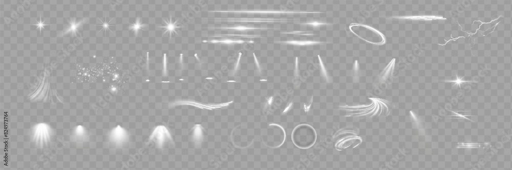 Light effect set. Glow isolated white transparent light effect set ...