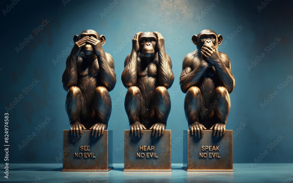 Three bronze statues of monkeys representing "See No Evil, Hear No Evil ...