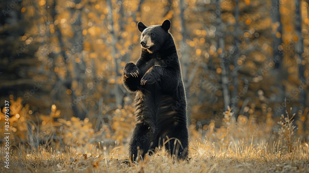 fierce black bear standing tall on hind legs in forest wildlife ...