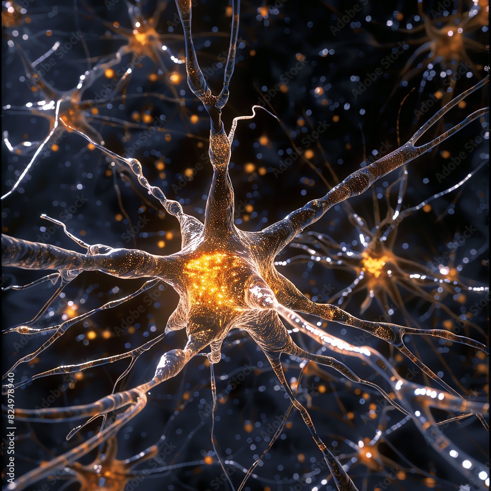 20. High-definition microscopic image of brain neuron signals, showing detailed synaptic ...