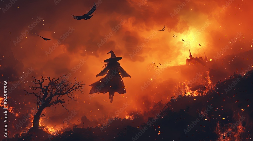 Ethereal witch amidst misty valley, with crows circling above a burning ...