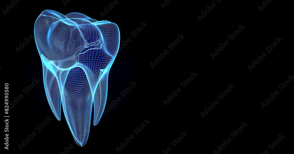 An ethereal glow emanates from an x-ray of a solitary tooth, suspended ...