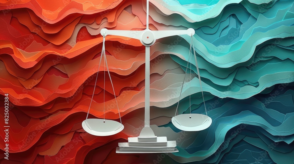 A scale with two sides, one red and one blue, with a white object on it ...