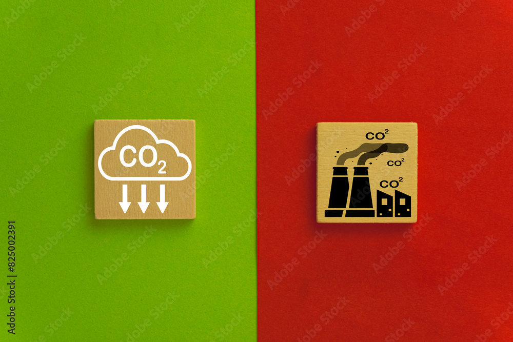 Green Background with Reduce CO2 Icon and Red Background with Factory ...