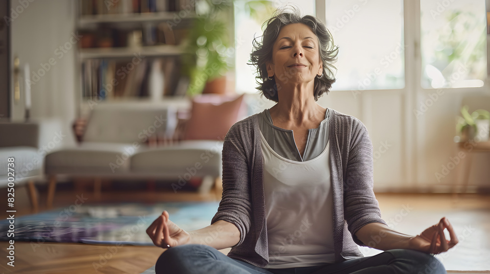 Middle aged woman meditating at home with eyes closed, relaxing body ...