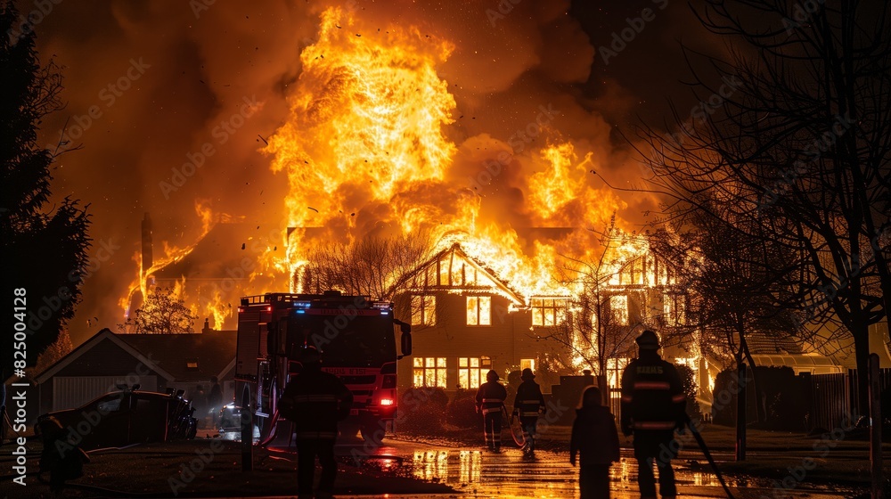 Massive house fire in suburban neighborhood. Firefighters and a fire ...