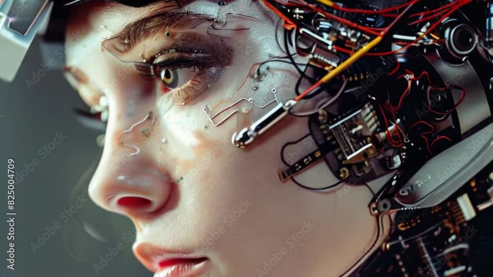 AI, Machine learning, beautiful woman robot cyborg digital technology on brain concept machine ...