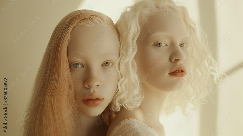 Portrait of two young albino girls. Two women with blonde hair and pale ...
