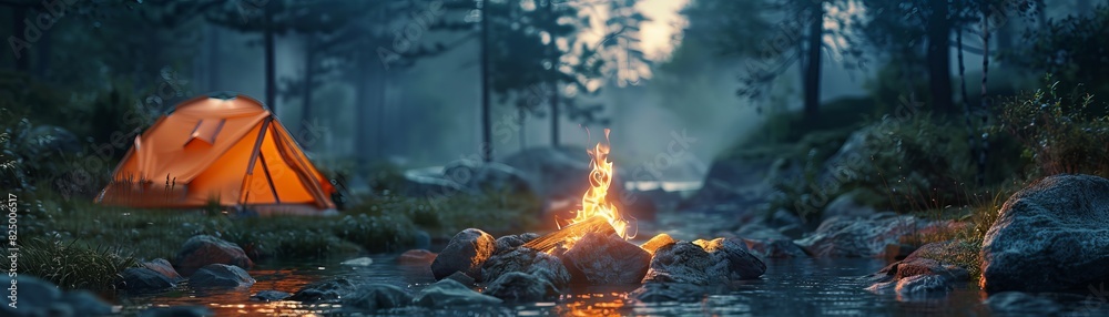 Camping fire with campfire in forest, tent and rocks in the background ...