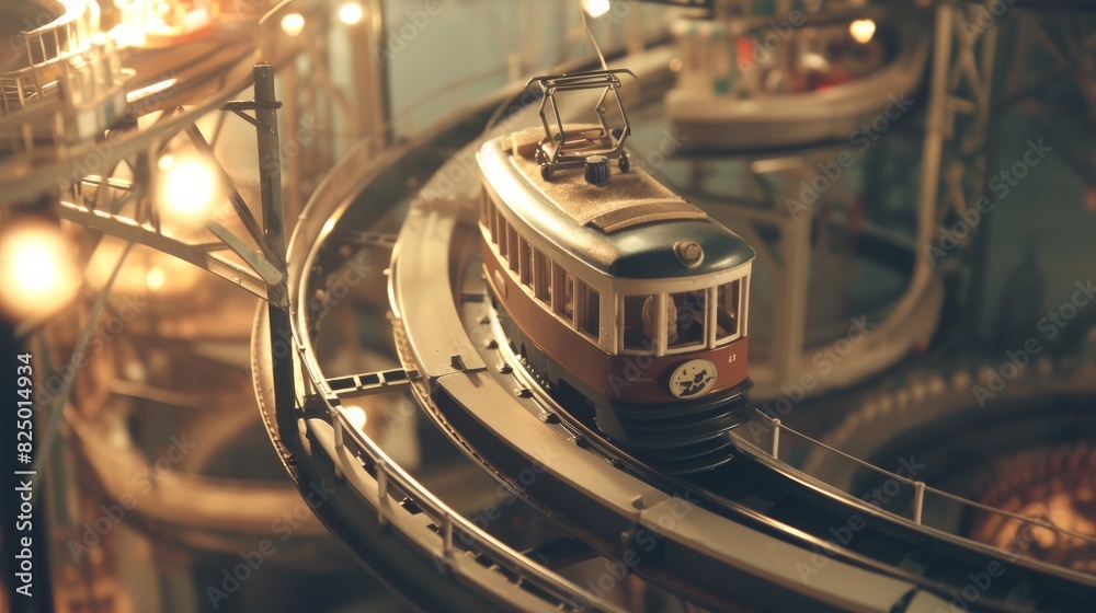 Circular toy train running on the tracks, The boy curiously and happily ...