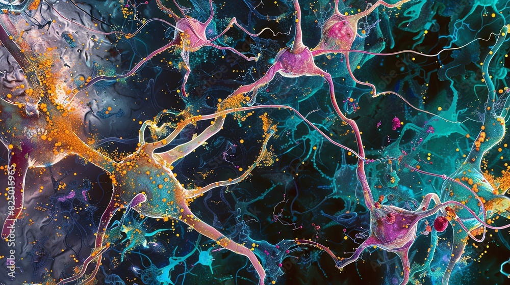 1. Microscopic view of neuron signal transmission in the brain, showing detailed synapses and ...