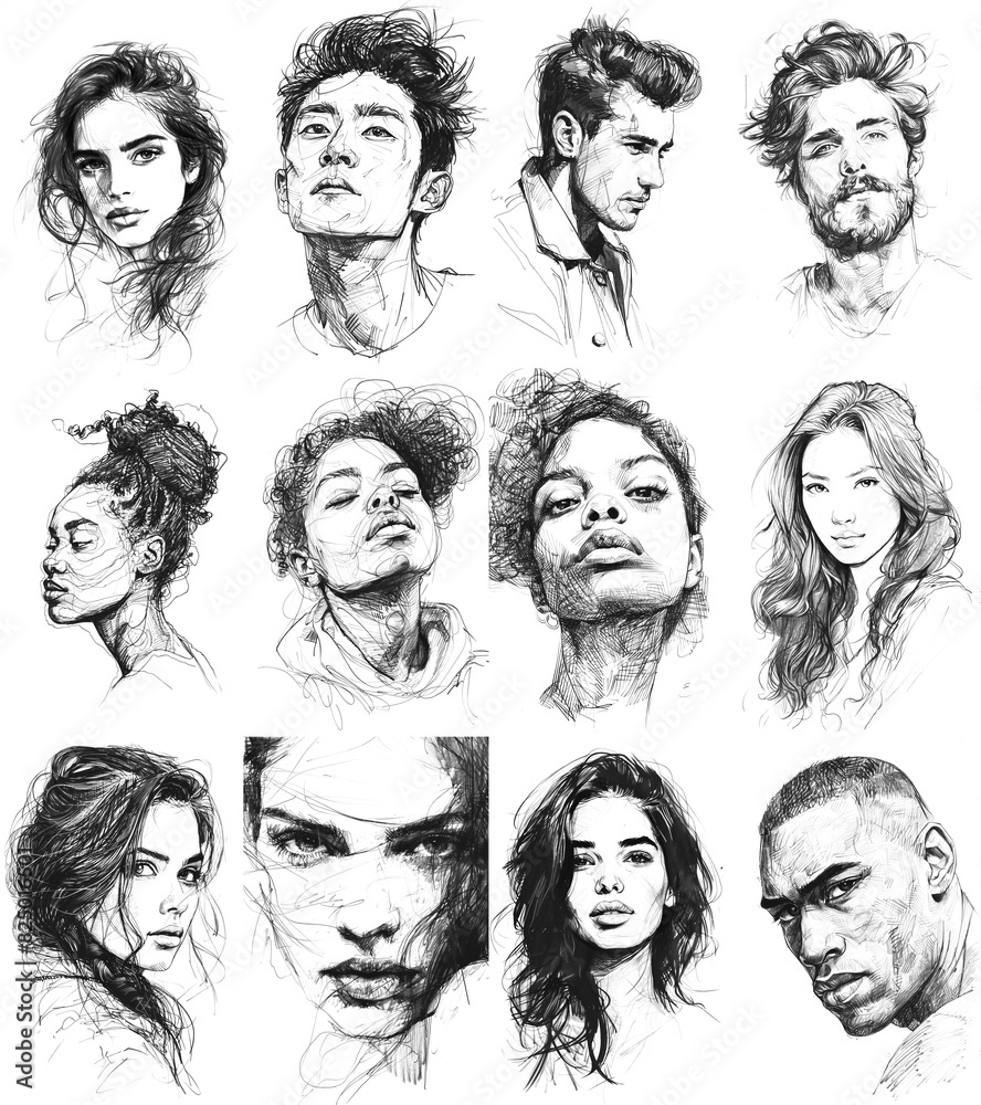 Pencil freestyle drawing various people of many ethnic diversity ...