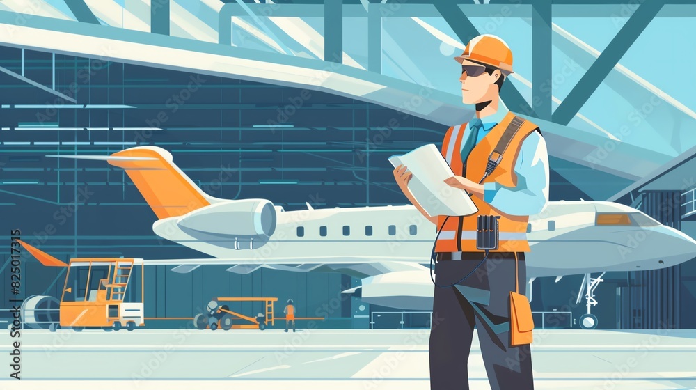 Engineer in uniform flat design side view hangar theme cartoon drawing ...