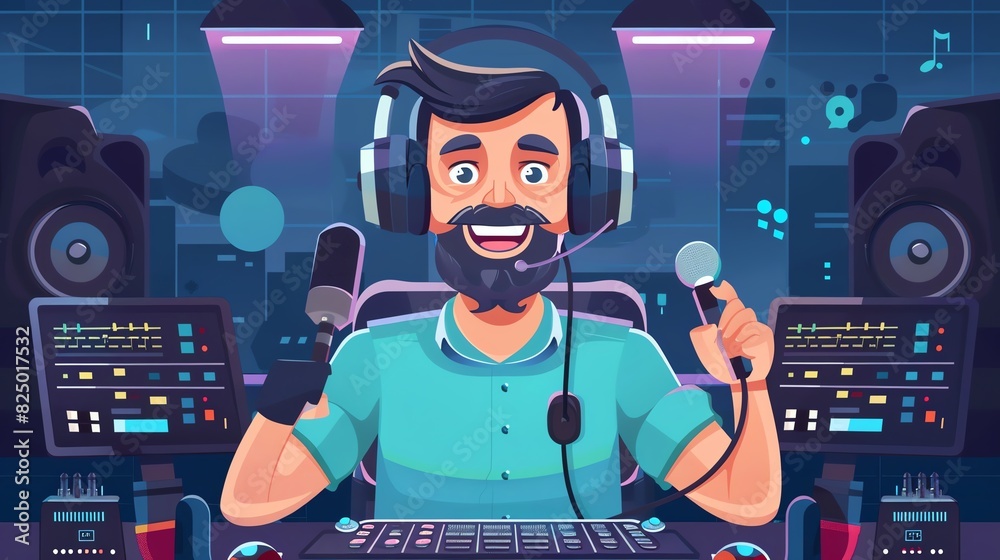 Broadcast announcer character flat design top view entertainment theme ...