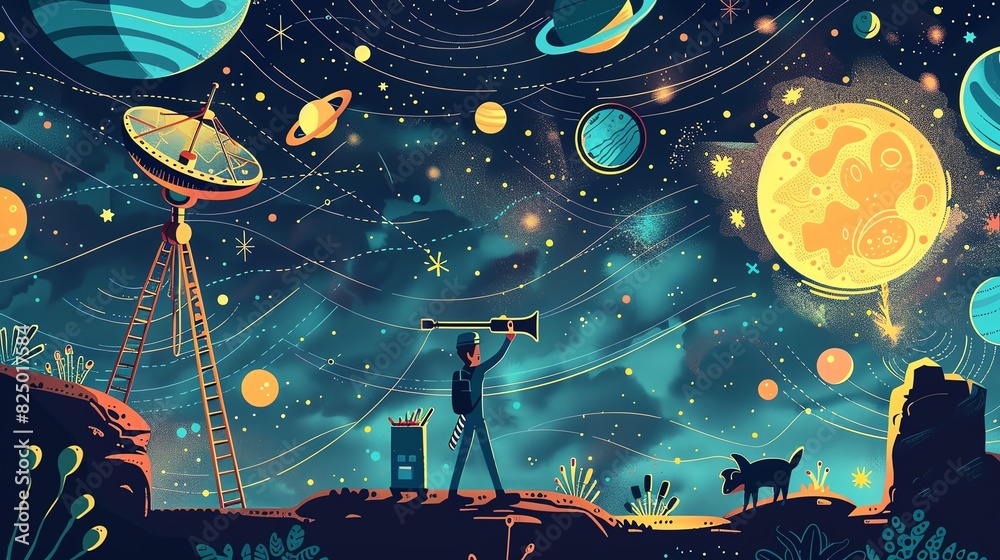 Astronomer with charts flat design front view celestial objects theme ...