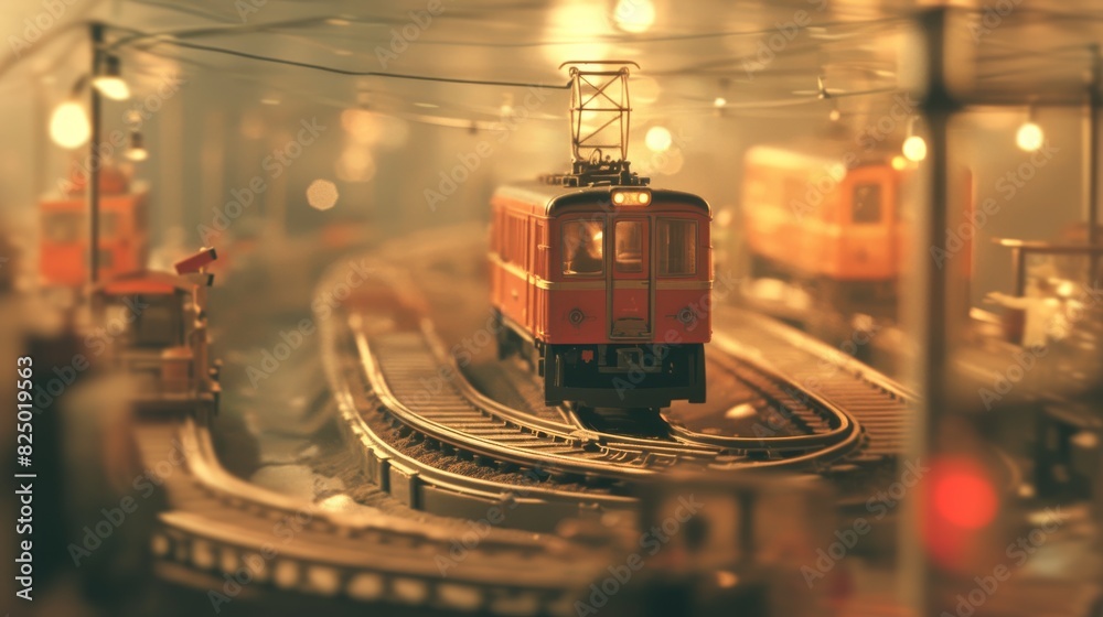 Circular toy train running on the tracks, The boy curiously and happily ...