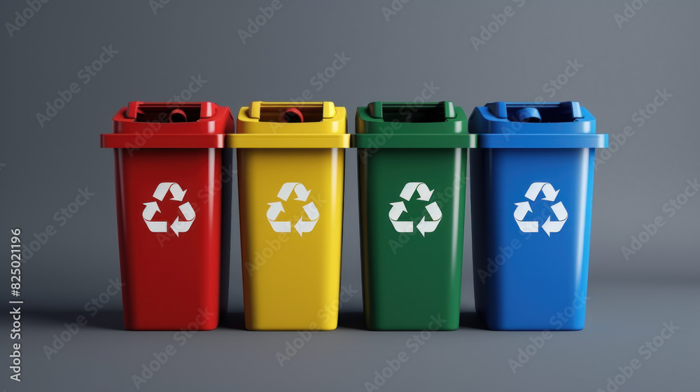 Colorful recycling bins for waste segregation, promoting environmental ...