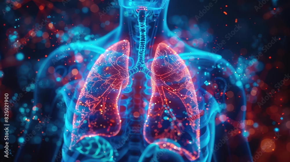 Digital hologram of respiratory system with highlighted infection areas ...