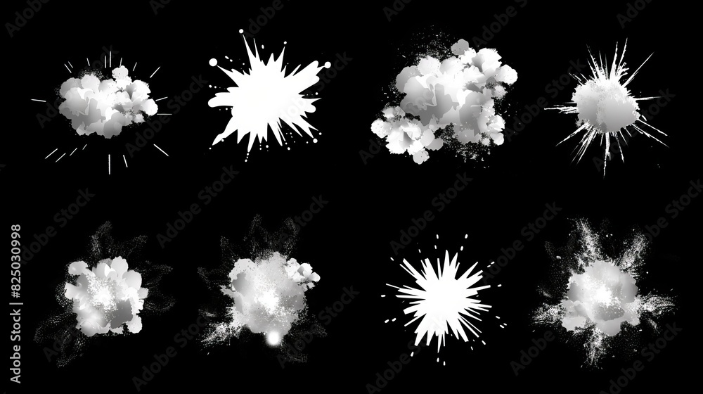 Isolated symbols graphic modern set with explosion bursts, round explosions cloud, exploded bomb ...