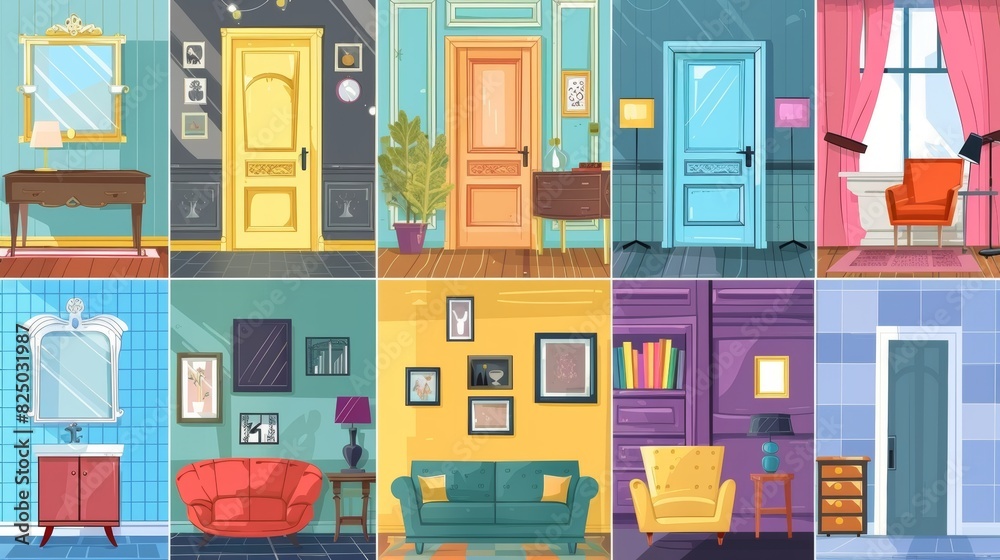 The interior design of eight rooms of a house, including the living ...