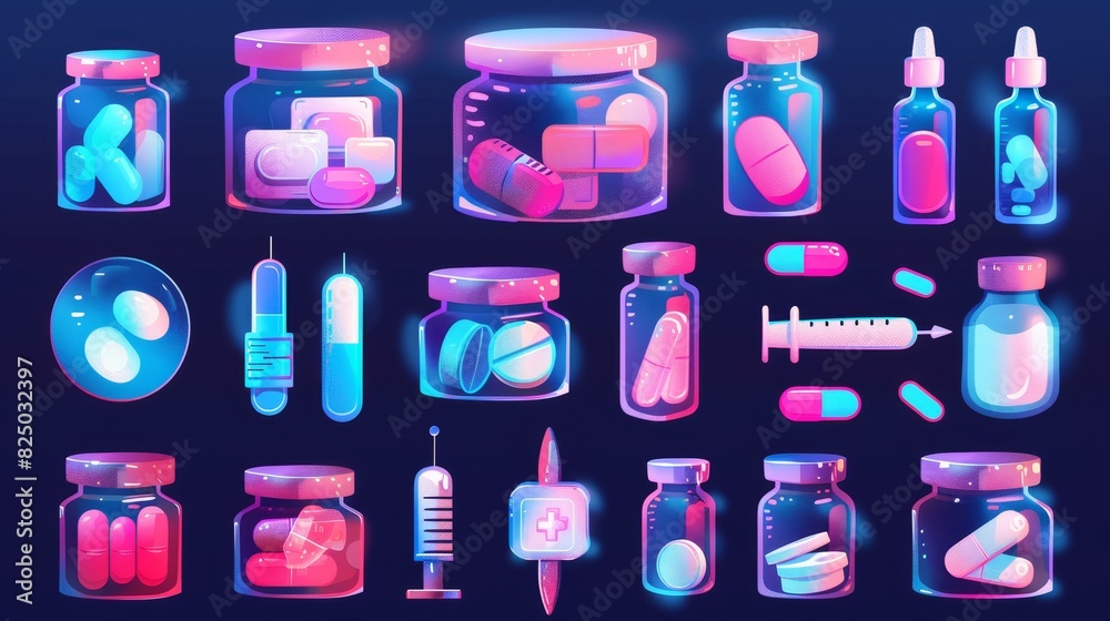 Medications set. Syringe, syringe, ampoule, patch, pipette, glass ...