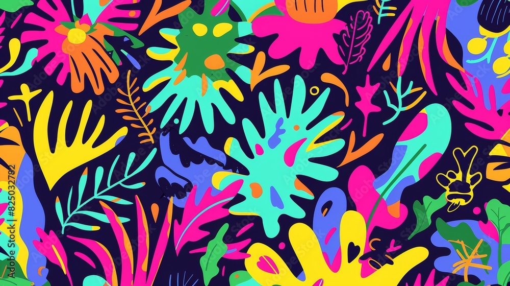 Freehand tropical nature seamless pattern with colorful doodles. Modern ...