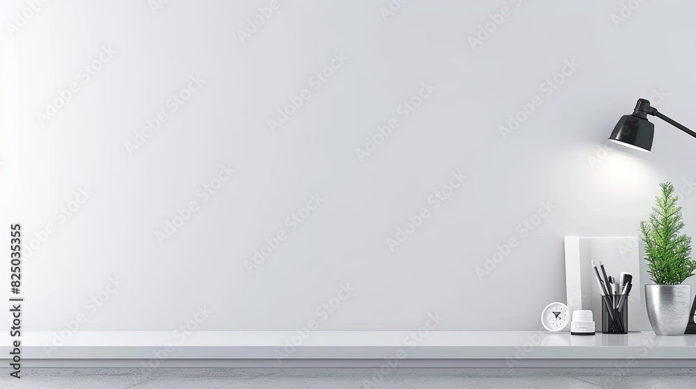Minimalist white desk with books, stationery and lamp on empty wall ...
