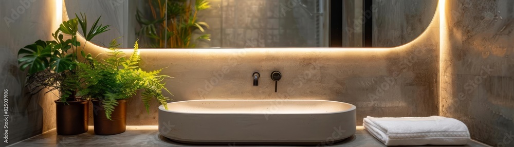 Contemporary bathroom in a loft style with raw concrete textures, a ...