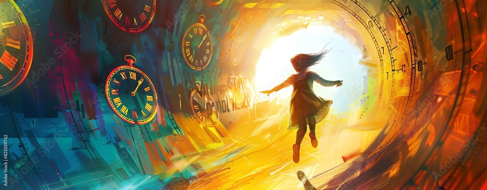 Concept art of a girl running in a time tunnel with clocks, in the ...