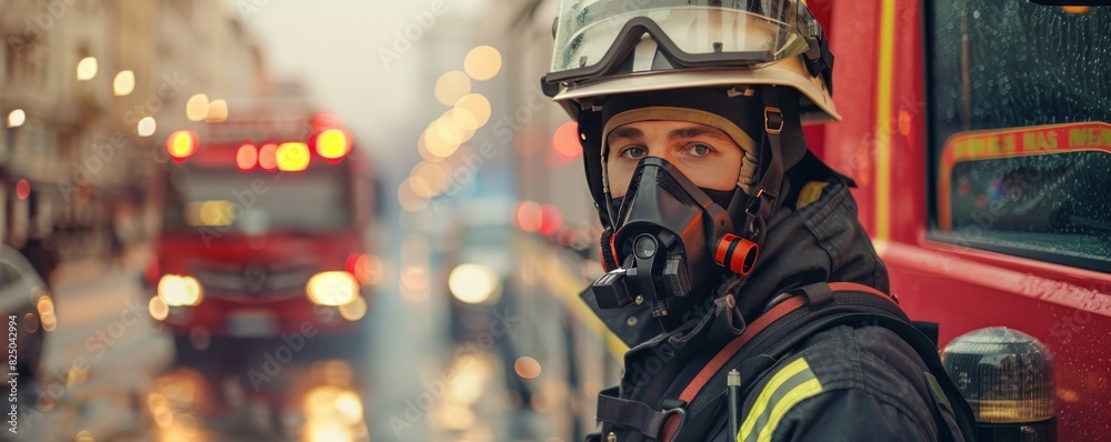 Firefighter in full gear, standing by fire truck, heroic pose, urban ...