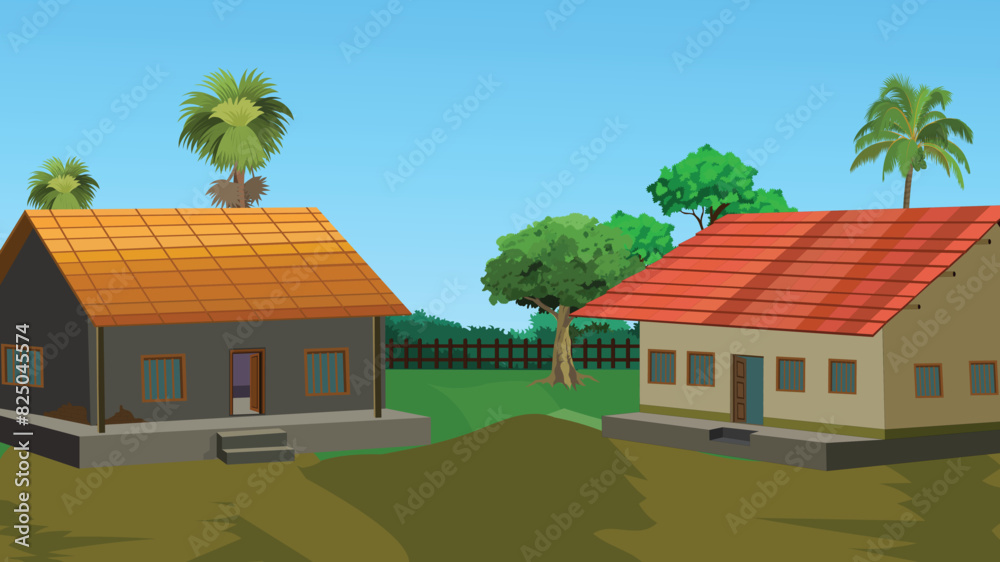 Indian village house with nature background. Asian village scene ...