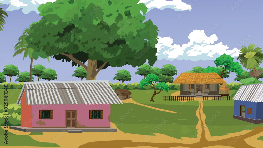 Indian village house with nature background. Asian village scene ...