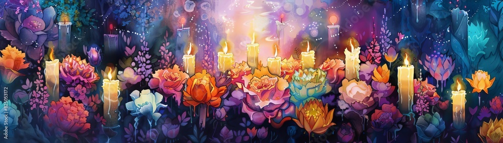 A funeral in a magical realm with floating candles and enchanted ...