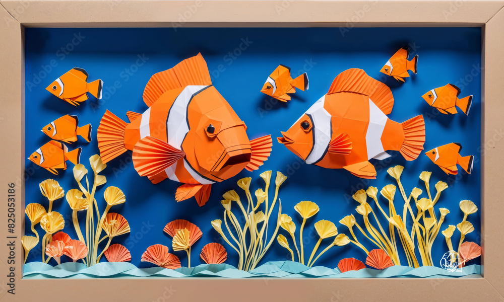 Origami art displaying a vivid undersea diorama with clownfish swimming ...