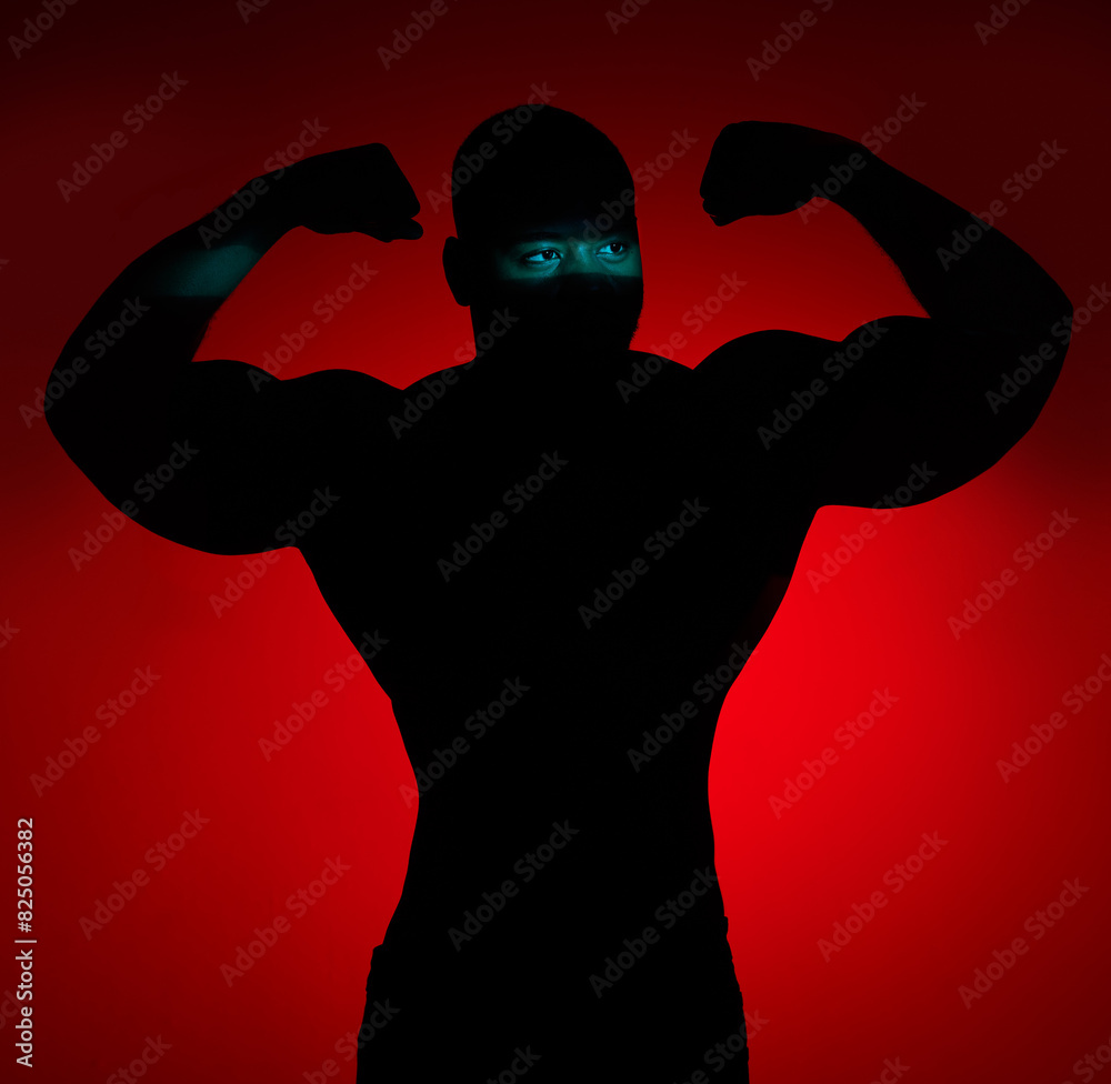 Shadow, muscle and man flexing, fitness and challenge for wellness on ...