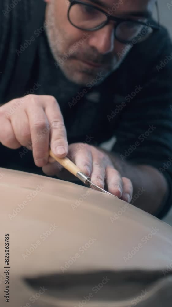 Car designer works closely on the sculpture of a prototype car using ...