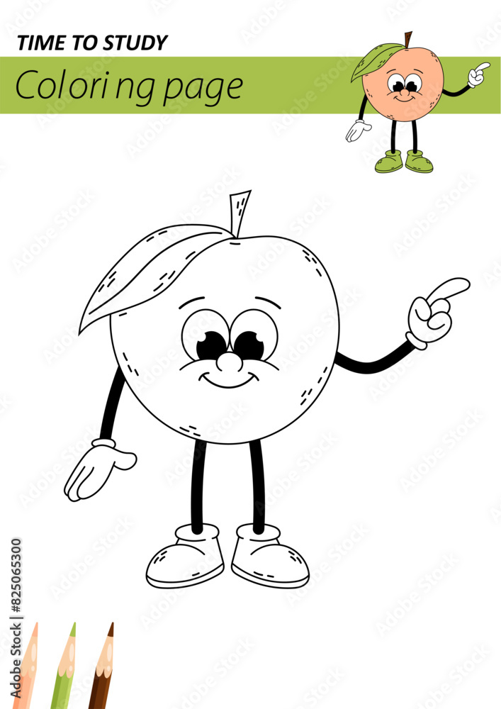 Peach. Funny cartoon character peach in flat and doodle style. Kids ...