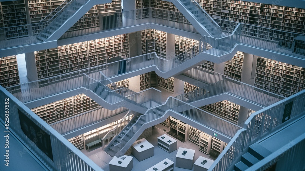 A labyrinthine library where AI algorithms curate personalized reading lists, recommending books ...