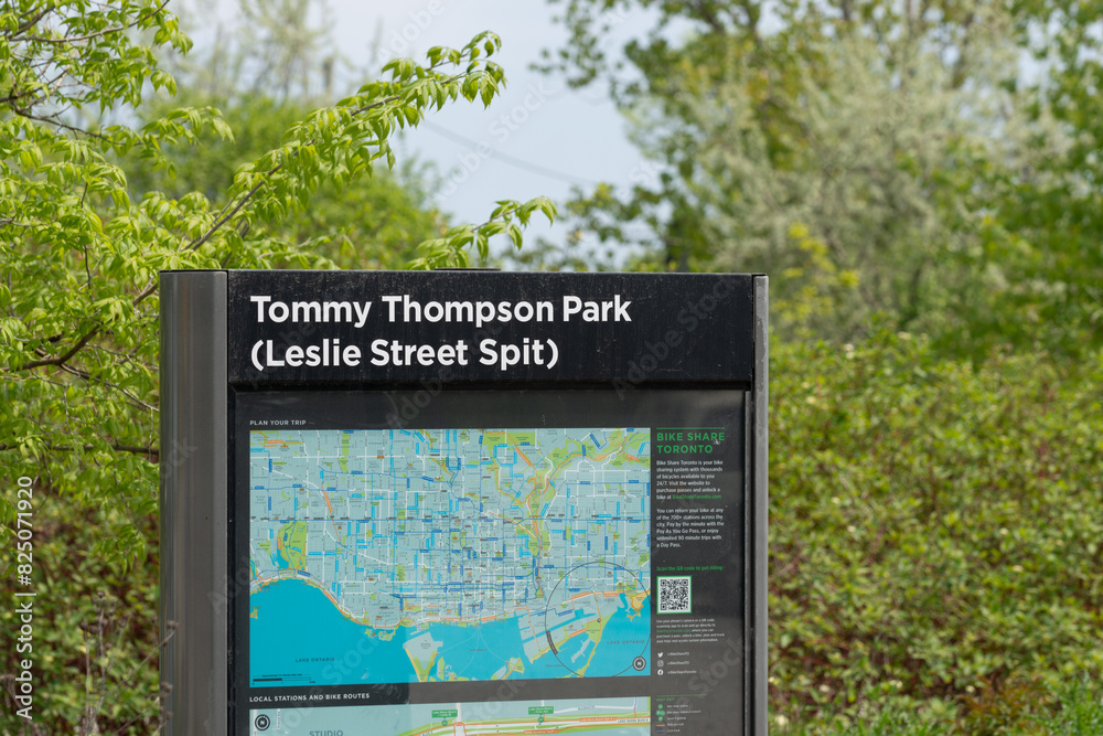 City of Toronto Bike Share map kiosk and sign at Tommy Thompson Park ...