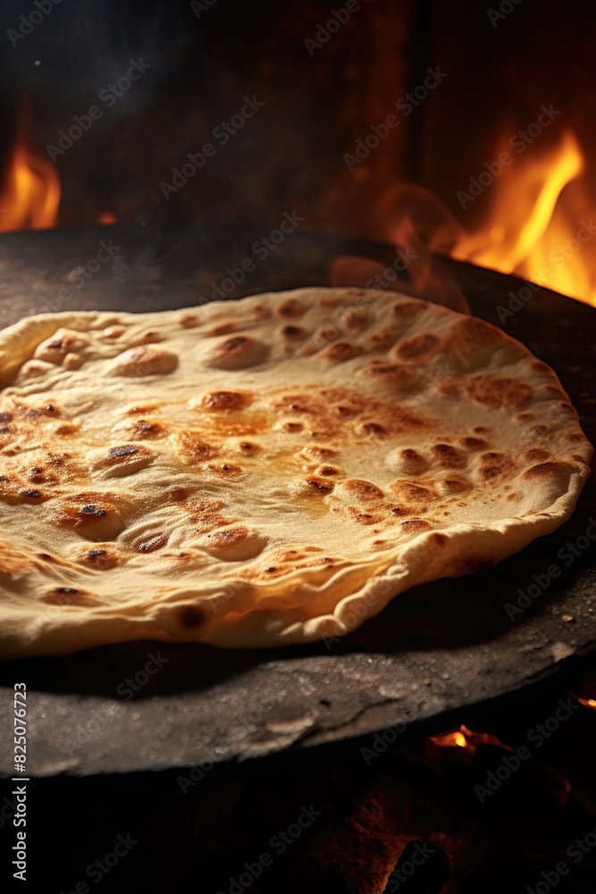 A pizza is cooking in a fire. The pizza is golden brown and has a ...