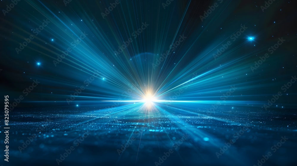 Blue light rays in space with a dark background, showing a light speed ...