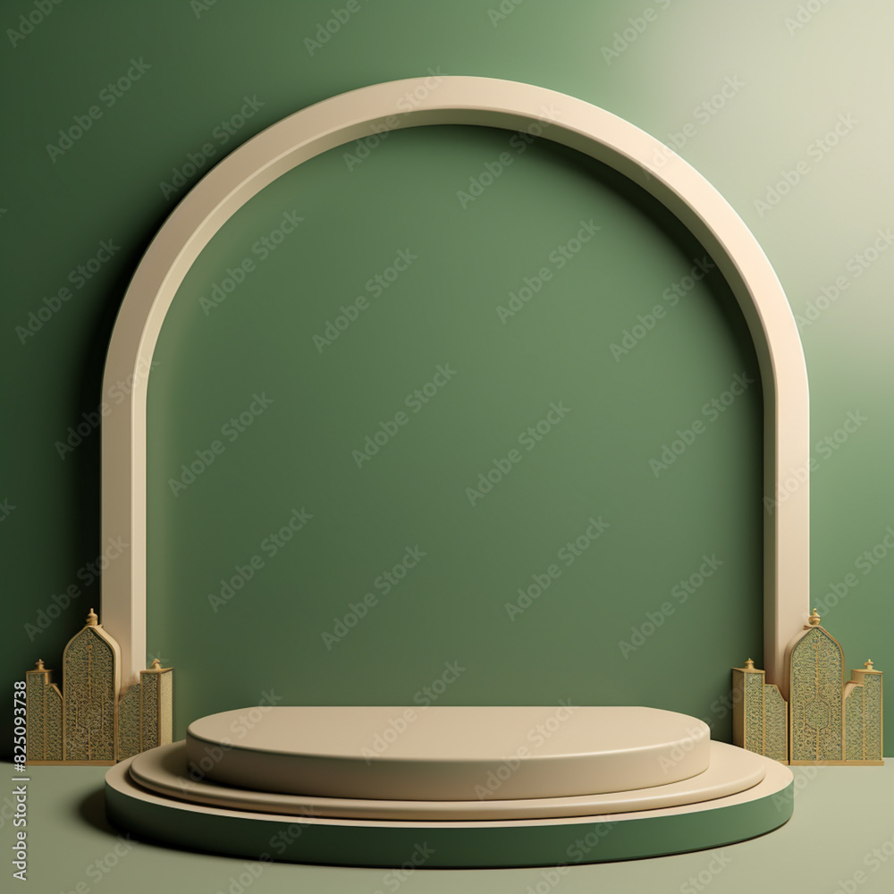 Islamic Podium with Traditional Islamic Object on a Green Background ...