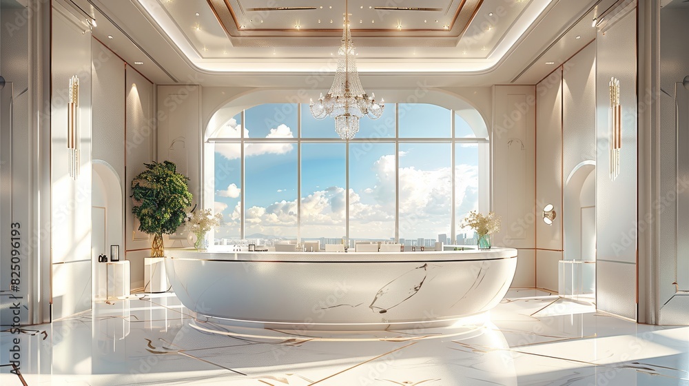 Indoor counter, mainly white with gold accents, with windows in the ...